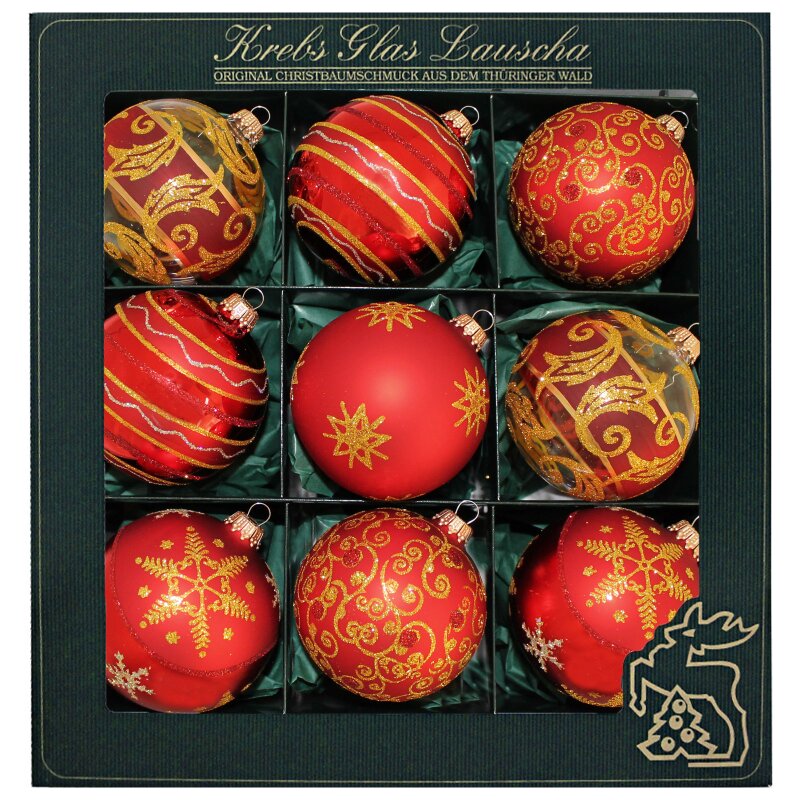 Krebs Lauscha Weihnachtskugeln | Rot mit Golddekor 8 cm, 31,99