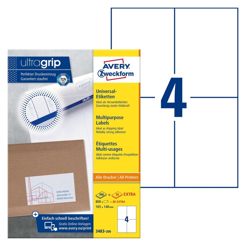 Avery Zweckform® 3483-200 Universal-Etiketten, 105 x 148 mm, Deutsche