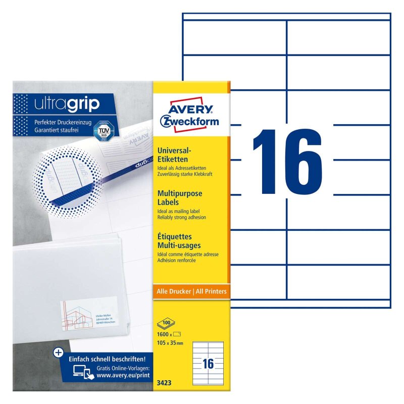 Avery Zweckform® 3423 Universal-Etiketten (A4, Papier matt, 1.600 Eti
